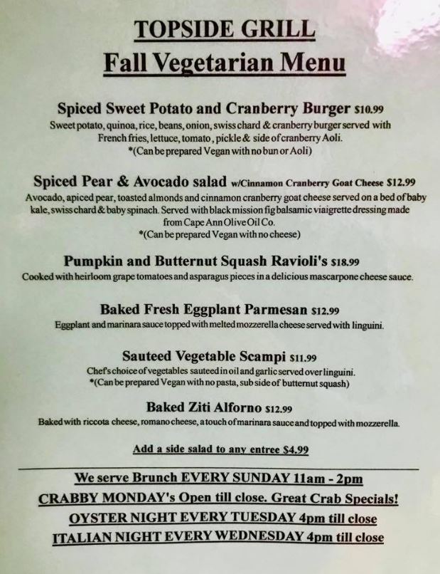 Topside Grill Fall Vegetarian Menu – Good Morning Gloucester