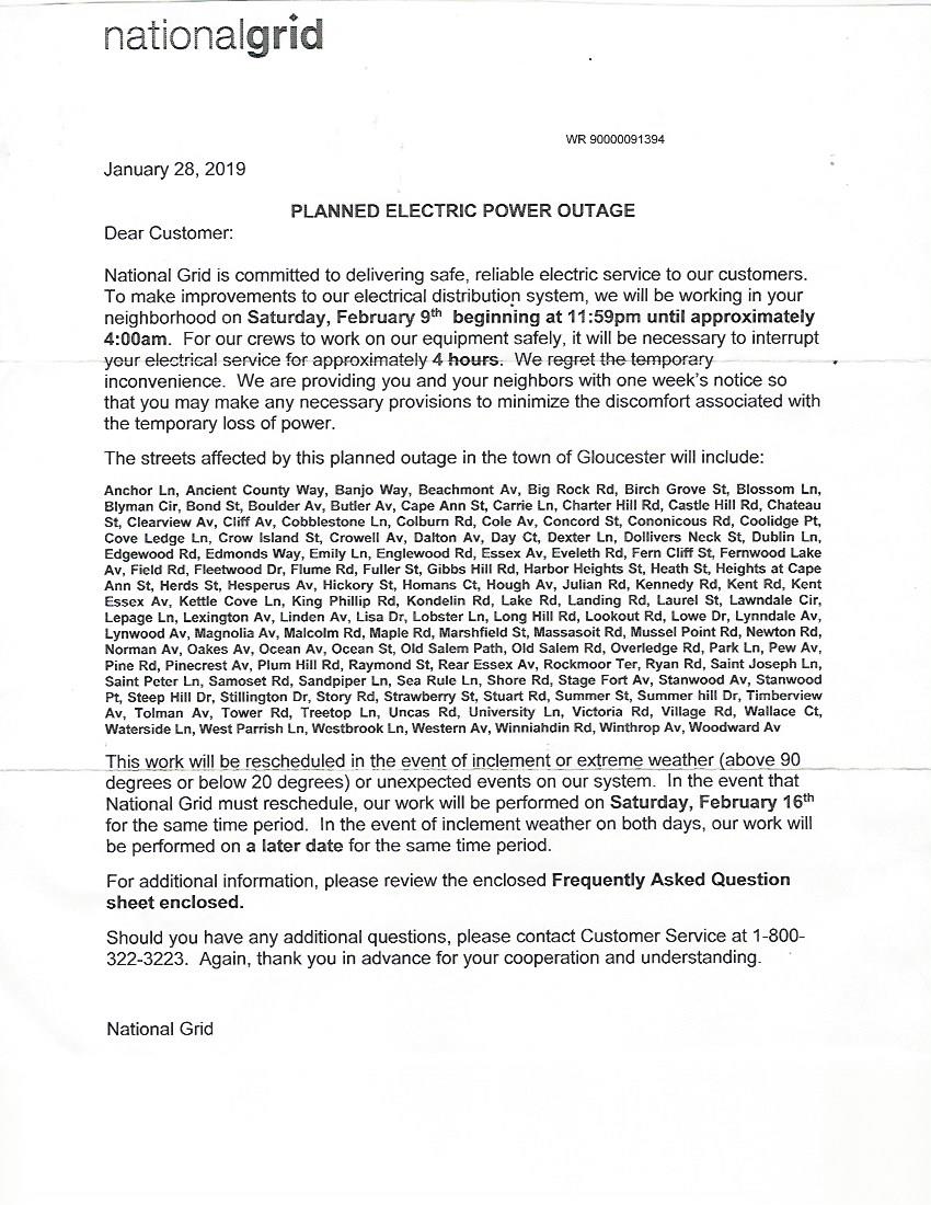 PLANNED ELECTRIC POWER OUTAGE – Good Morning Gloucester