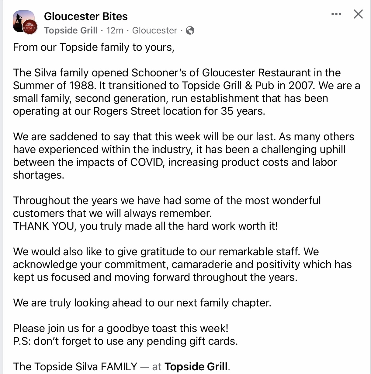 SharingNews From Topside Grill – Good Morning Gloucester