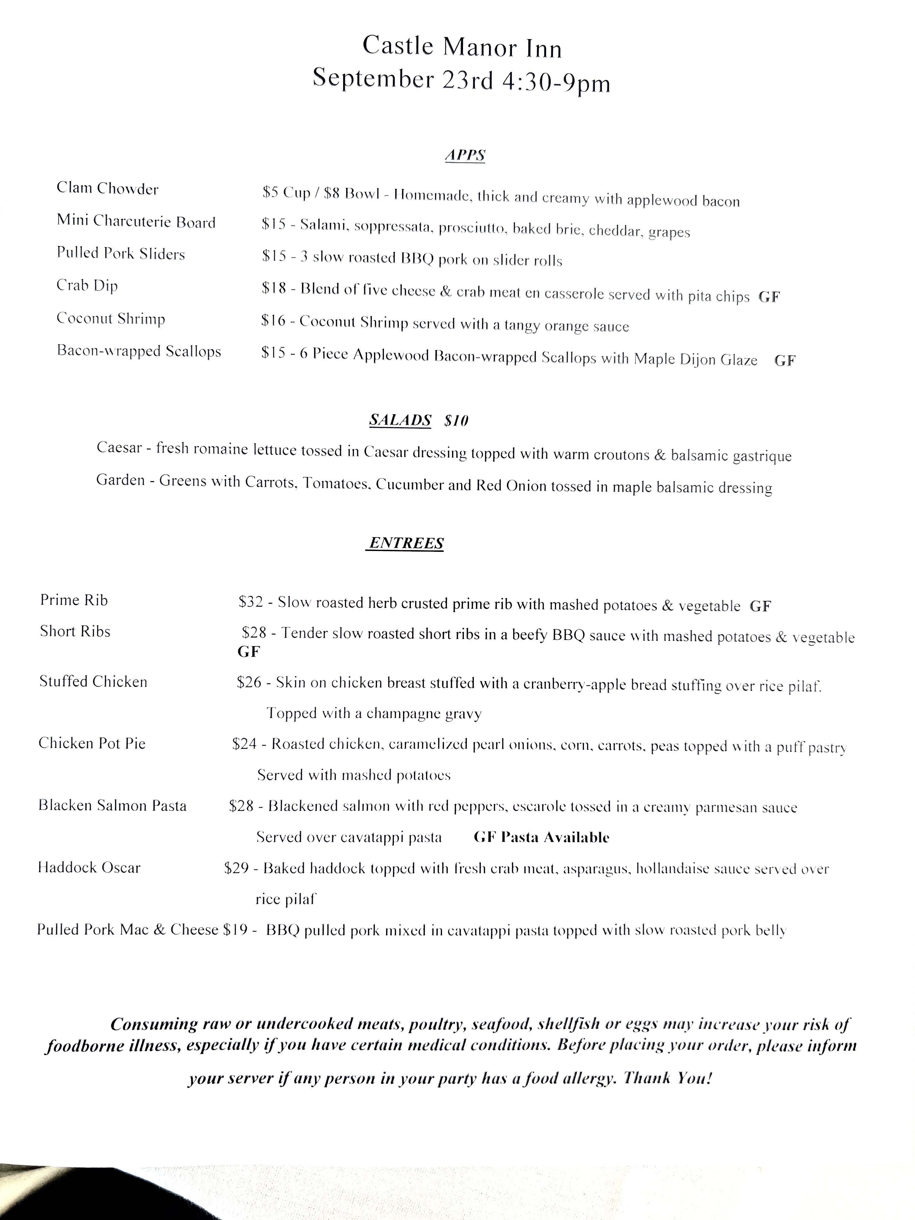 Castle Manor Inn Pop-Up Dinner Tonight And the Menu Looks Fantastic ...