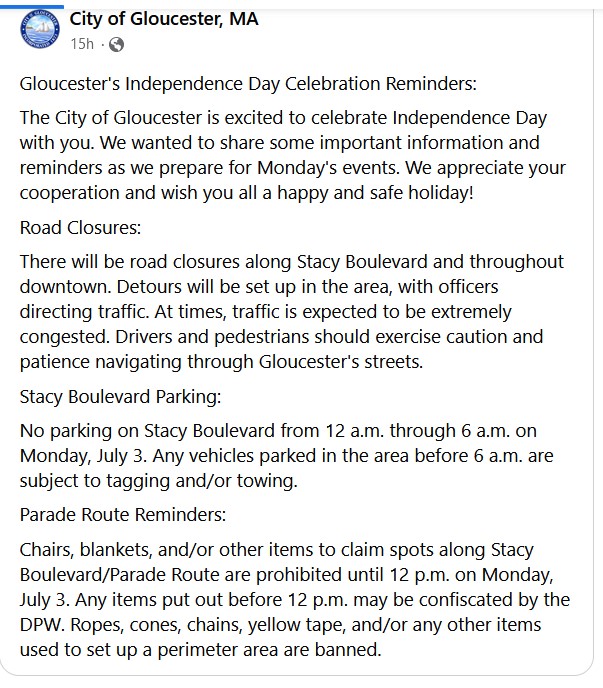 July 3 and 4th Reminders and Tips from The City – Good Morning Gloucester