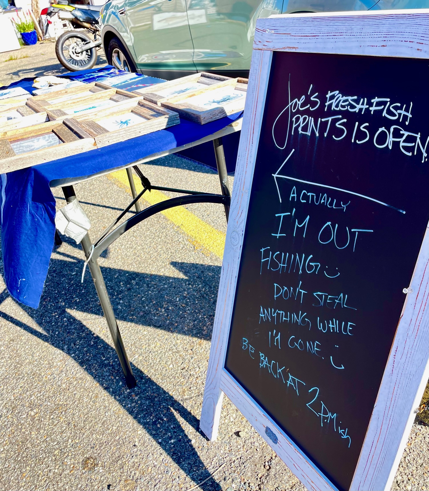 Hi Joey, an “Only in Gloucester” sign at Joe’s Fresh Fish Prints shop ...