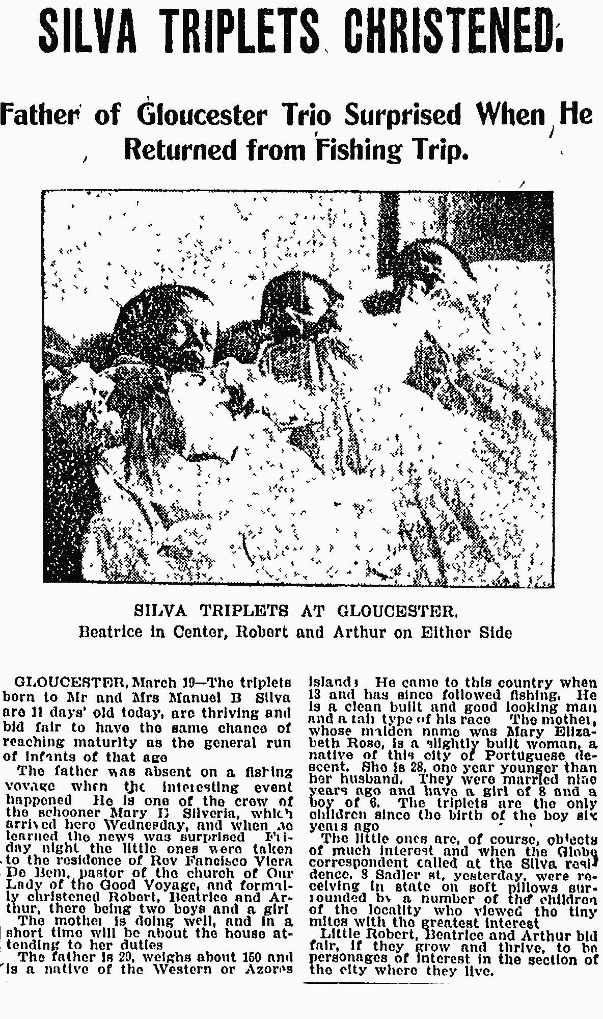 Boston Globe 1925: Silva Triplets! Happy Mom and Fisherman Dad in a ...