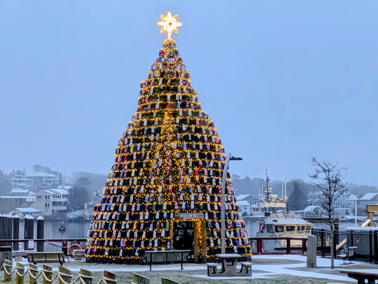 Lobster trap tree is lit! Quiet first snowfall #GloucesterMA Glow ...