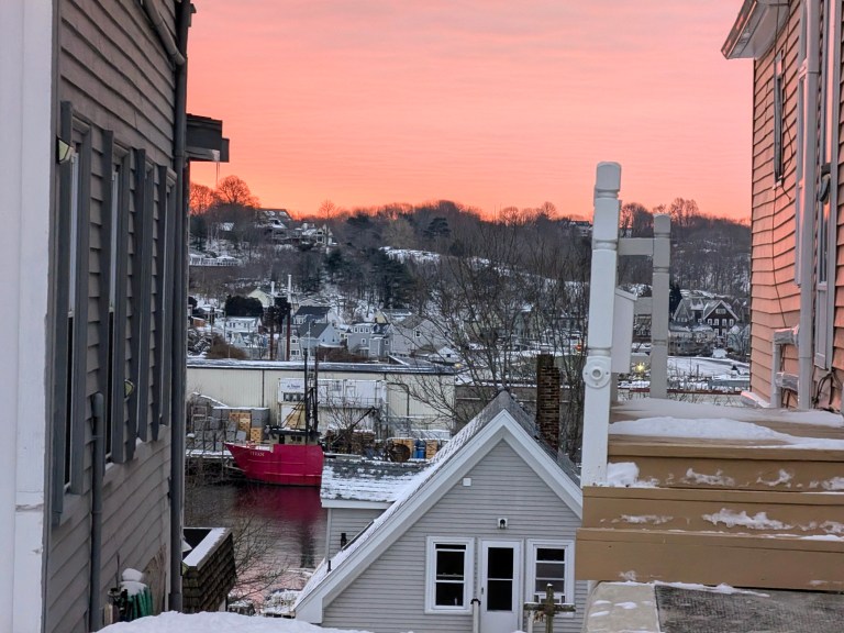 Snowman, roofs, and rise. Winter in #GloucesterMA – Good Morning Gloucester